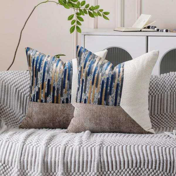 商品名: Yebeskats 装飾クッションカバー 18x18インチ 2枚セット ボヘミアンファームハウススタイル ブルーストライプ、幾何学模様とカーキ色のラメパッチワーク、リビングルームのソファや寝室のベッドに最適 Yebeskats C...