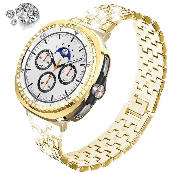 商品名: DEALELE バンドとケース Samsung Galaxy Watch 8 Classic 46mm対応 キラキラ光るラインストーンダイヤモンドメタルブレスレット 保護ケースと光沢のあるベゼルリングカバー付き 男女兼用 (ゴール...