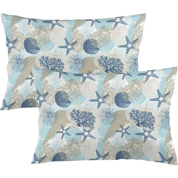 商品名: HANAOLAN クッションカバー クイーンサイズ 2枚セット アクアブルー 航海クッションケース 海岸ビーチテーマ サンゴ ヒトデ 枕カバー ビーチテーマ 標準枕カバー ベッドソファ用 20x30インチ Throw Pillow...