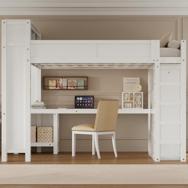 商品名:  RuiSiSi Wooden Queen Loft Bed with Desk, White Wood Loft Bed with Wardrobe &amp; Desk &amp; Charging Station, Spac...