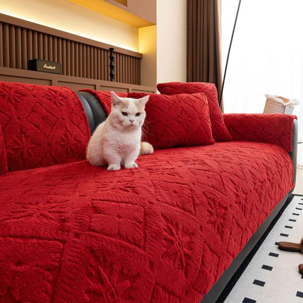 商品名:  STACYPIK Fluffy Thick Red Christmas Sofa Covers Washable Dogs Couch Cover for Sectional, Non Slip Armrest Backrest...