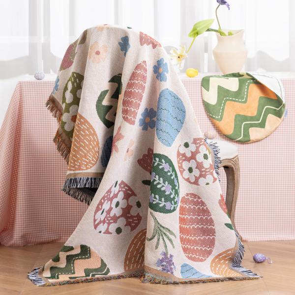 商品名: Ashler イースターブランケット 50x60インチ イースターエッグデザイン ニットスロー タッセル&amp;収納バッグ付き ソファ、ベッド、リビングルーム用、ベージュ。 Ashler Easter Throw Blanket...