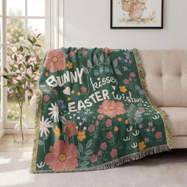 商品名: Ashler イースターブランケット 50x60インチ フローラルレターデザイン ニットスロー タッセル&amp;収納バッグ付き ソファ、ベッド、リビングルーム用、グリーン Ashler Easter Throw Blanket,...