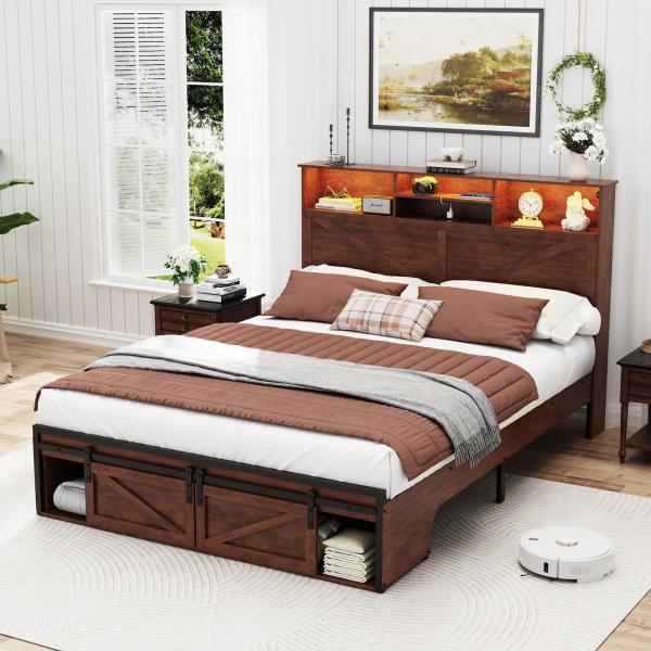 商品名:  Clyrava Farmhouse Full Size Bed Frame with Storage Bookcase Headboard, Wooden Platform Bed with Charging Station a...