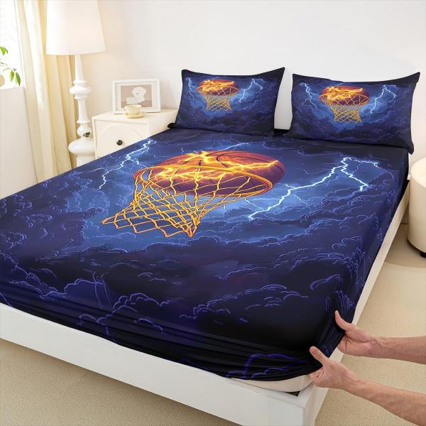 商品名:  Basketball Game Fitted Sheet Queen Size Basketball Hoop Bedding Set for Kids Bedroom Dark Clouds Lightning Bed She...