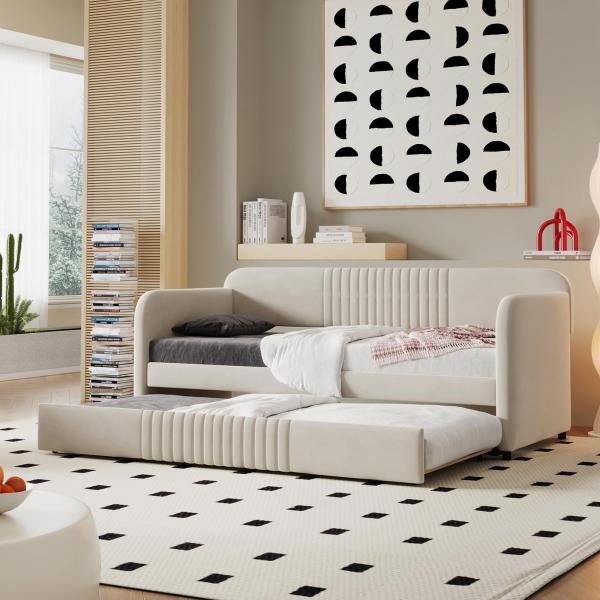 商品名:  SOFTSEA Twin Size Daybed with Trundle, Velvet Upholstered Sofa Bed with Twin Size Pull-Out Trundle for Living Room...