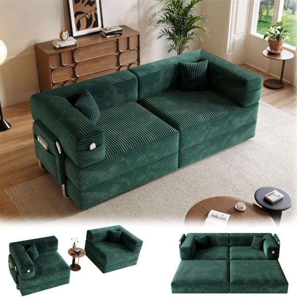 商品名: 78インチ 圧縮コンバーチブルソファベッド、モジュラーコーデュロイラブシートスリーパー、固定形状フレーム、折りたたみマットレスカウチ 枕2個付き リビングルーム、ベッドルーム、小さなスペース、組み立て不要、グリーン 78" Com...