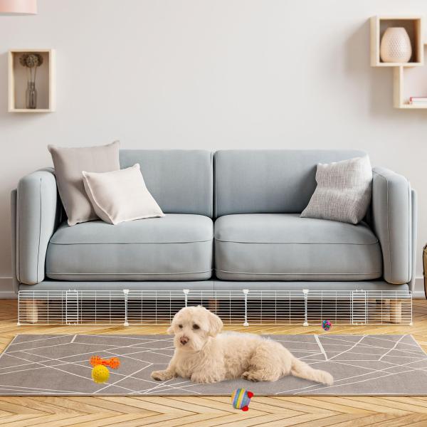 商品名: ペット用ベッド下ブロッカー 幅14インチ x 高さ7.8インチ メタルメッシュパネル 犬や猫をソファや家具の隙間から守る 2人掛けソファ&amp;ベッドの片側に最適 ホワイト ライトミント調 96'' Under Bed Bloc...