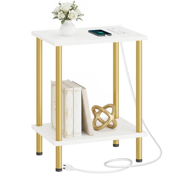 商品名: HOOBRO 充電ステーション付きサイドテーブル USBポートとコンセント付きエンドテーブル ナイトスタンド 狭いスペースに 2層収納棚付き リビングルーム 寝室 安定フレーム ホワイト&amp;ゴールド DW09UBZ01 HO...
