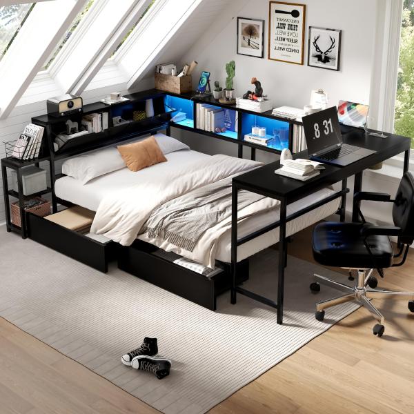 商品名:  OYUMOENTS Twin Corner Bed with Desk and Bookcase, Twin Daybed with Storage Drawers, LED Light and Charging Station...