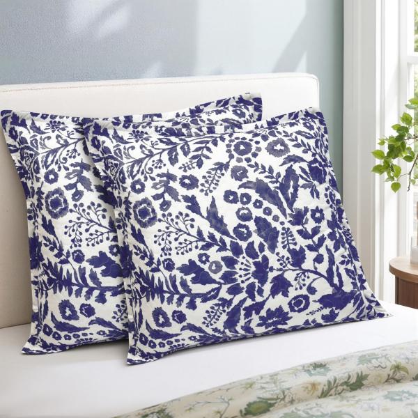 商品名: DriftAway Julia 水彩キルト枕カバー 咲く花 フローラルプリント 装飾正方形 ホームソファ/寝室/ベッドの装飾用 60.2×66.8cm 2枚 ネイビー DriftAway Julia Watercolor Quil...