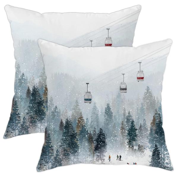 商品名:  Ski Lift Throw Pillow Covers Set of 2, Winter Scenic Snow Pine Trees Winter Blue with Hidden Zipper Cushion Covers...