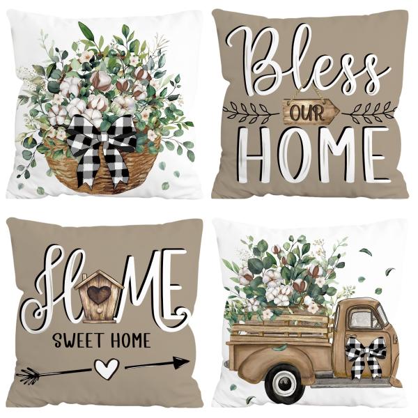 商品名: FUTBU ファームハウス クッションカバー 18x18インチ 4枚セット Home Sweet Home スプリングクッションケース ソファ カウチ用装飾 ユーカリの葉 ファーム枕カバー Bless Our House ブラウン...