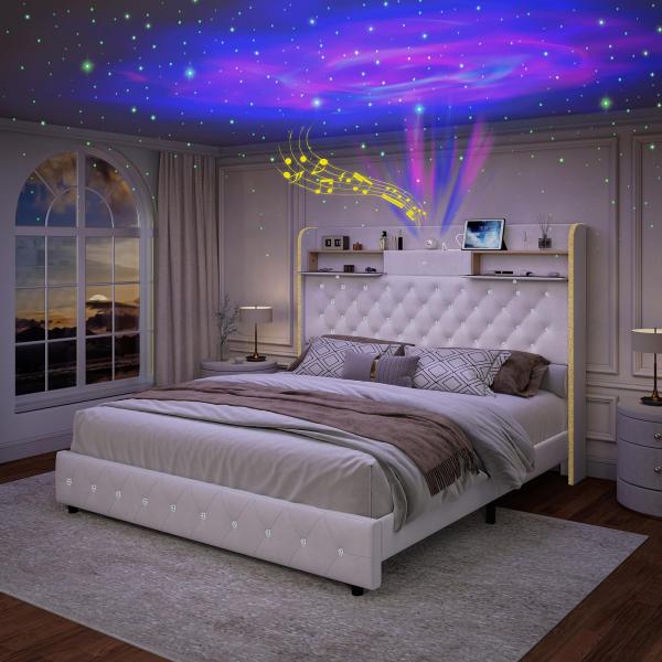 商品名: Torana King LEDベッドフレーム 収納ヘッドボード付き 高さ52インチ ベルベット布張りプラットフォームベッド ギャラクシーオーロラスタープロジェクター付き ダイヤモンドボタンタフテッドベッドフレーム 充電ステーション...