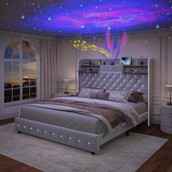 商品名: Torana (トラナ) クイーン LEDベッドフレーム 収納ヘッドボード付き 高さ52インチ ベルベット布張りプラットフォームベッド ギャラクシーオーロラスタープロジェクター付き ダイヤモンドボタンタフテッドベッドフレーム 充電...
