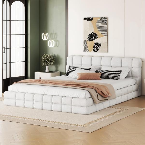 商品名:  Queen Size Floor Upholstered Platform Bed Frame,White Berber Fleece Fabric Platform Bed with Thick Headboard,Queen...