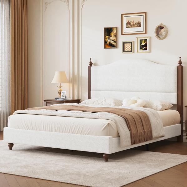 商品名: HDDDZSW フルサイズ ベッドフレーム ヘッドボード付き 木製 ベッドフレーム 布張り ヘッドボード 無垢材支柱 足付き ボックススプリング不要 組立簡単 ホワイト HDDDZSW Full Size Bed Frame wi...