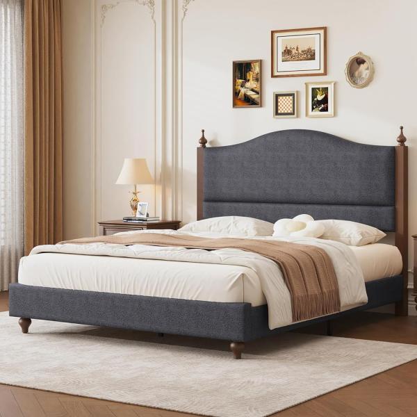 商品名: HDDDZSW フルサイズベッドフレーム ヘッドボード付き ウッドベッドフレーム 布張りのヘッドボード付き 無垢材の支柱と足付き ボックススプリング不要 組立簡単 グレー HDDDZSW Full Size Bed Frame w...