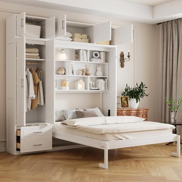 商品名:  Harper &amp; Bright Designs Queen Size White Murphy Bed with Wardrobes and Lockers,Modern Multifunctional Wooden F...