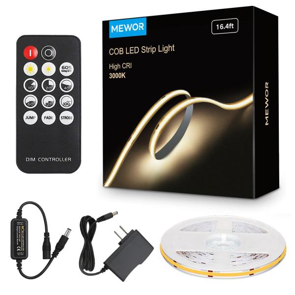 商品名:  MEWOR COB LED Strip Light with Remote, 16.4ft, 3000K Dimmable, Warm White LED Lights for Mirror, Under Bed, Stair,...