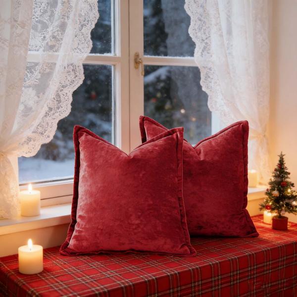 商品名: NEPHEALIS ベルベット枕カバー 2枚パック ソフト 26x26 枕カバー 無地 正方形 ユーロシャム 装飾カウチピローケース ワイドボーダー ソファベッド用 ホームデコレーション、クリスマスレッド NEPHEALIS Ve...