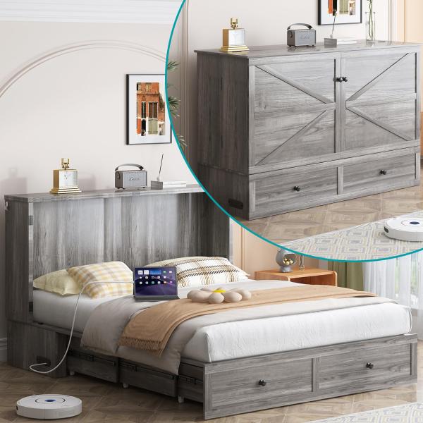 商品名:  BALUS Full Murphy Bed, Cabinet Bed with Tri Fold Mattress, Space Saving Guest Beds, USB Charging Station &amp; Lar...