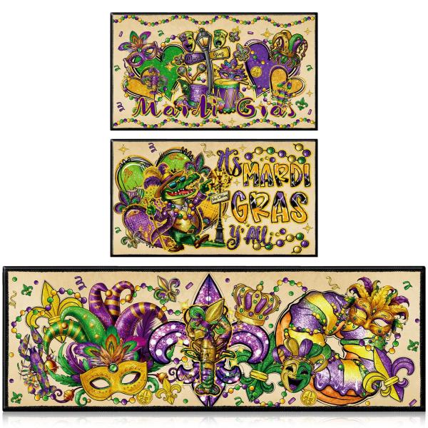 商品名: InIsaJace Happy Mardi Gras キッチンマット 3枚セット マルディグラ キッチンラグ 滑り止め ザリガニ アリゲーター フルール・ド・リス ビーズ カーニバル 装飾マット ホームデコ用(16x28 +16x...