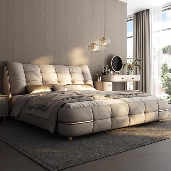 商品名:  LSIGHTUS Modern Mid-Century Genuine Leather Wood Bed Upholstered Platform Bed Frame Thick Padded Headboard Wooden ...