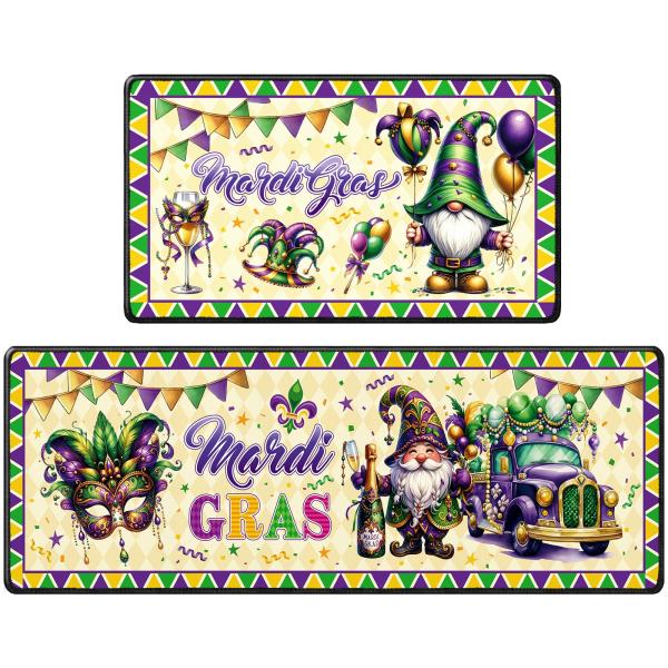 商品名: InIsaJace Happy Mardi Gras キッチンマット、2枚 マルディグラキッチンラグ ノンスリップ パープル ノーム トラック カーニバル 装飾マット ホームデコレーション用(16x28 +16x47インチ) In...