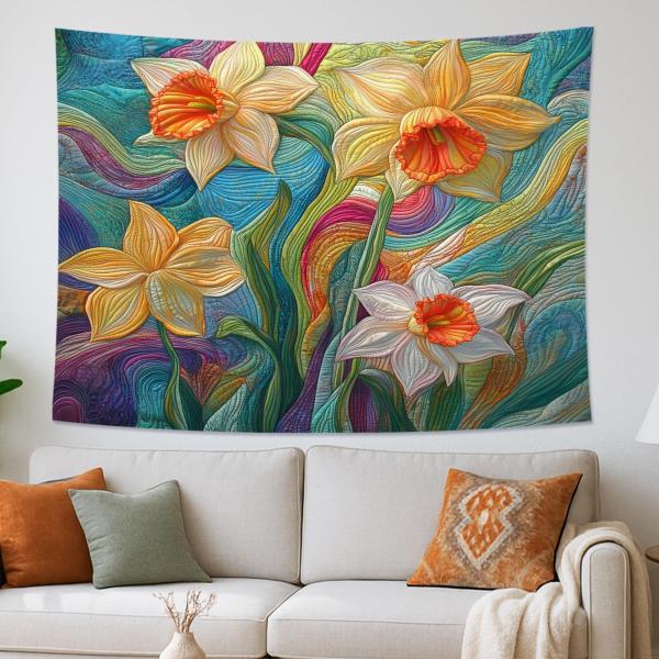 商品名:  Spring Quilted Daffodil Flower Tapestry Wall Hanging, Floral Wildflower Tapestry for Bedroom, Small Large Fun Gard...