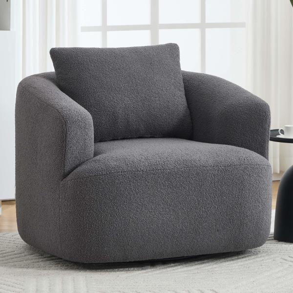 商品名:  【360° Swivel Round Chair】Teddy Fleece Upholstered Single Sofa with Pillow,No Assembly Required,Compact Swivel Chai...