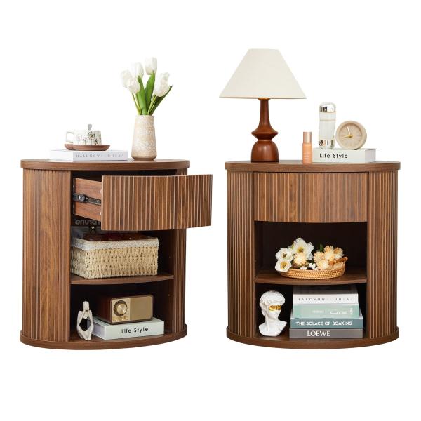 商品名:  affeivul Fluted Round End Table with Storage Set of 2, Farmhouse Side Table with Drawer and Open Shelf, Small Nigh...