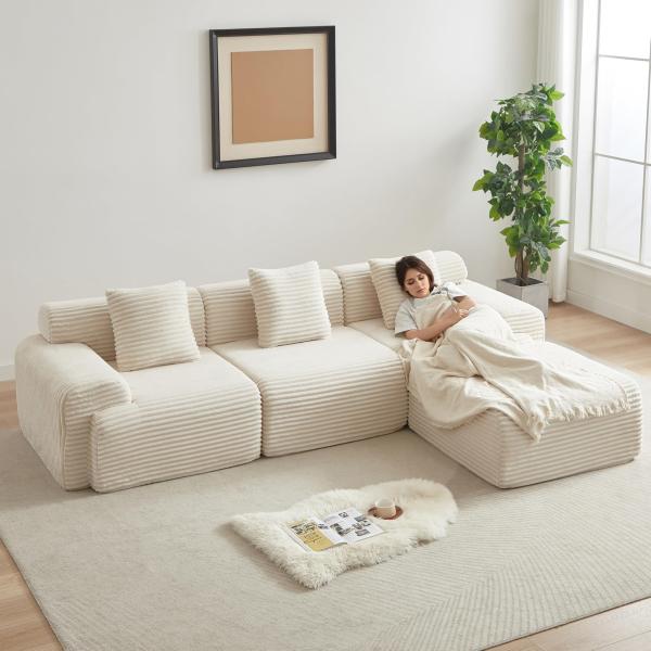 商品名:  eluvatery 114" Corduroy Modular Boneless 3-Seater Sofa, Featuring an Inlaid Structural Design, Three Throw Pillows...