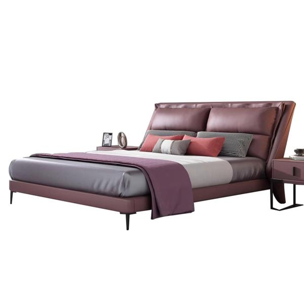 商品名:  LSIGHTUS Modern Simple Queen Size Genuine Leather Wood Bed Upholstered Platform Bed Frame Thick Padded Headboard S...