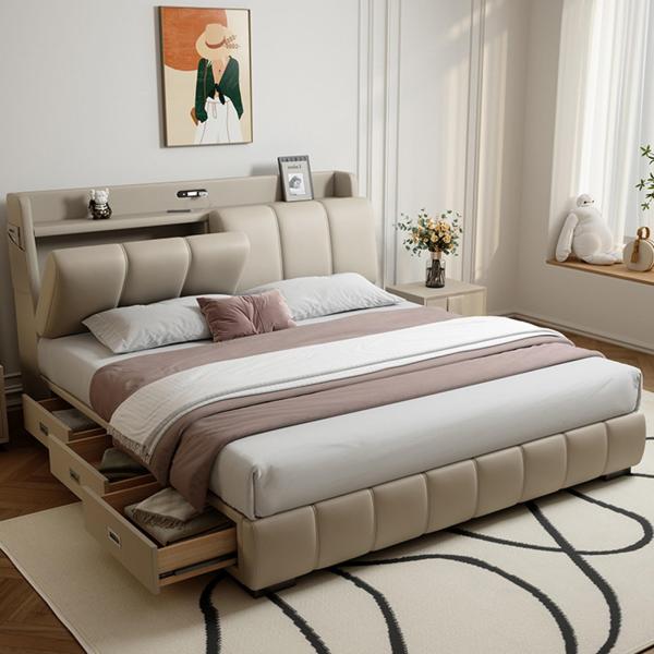 商品名:  LSIGHTUS Mid-Century Genuine Leather Wood Bed Upholstered Platform Bed Frame with Headboard and Lift Up Storage St...
