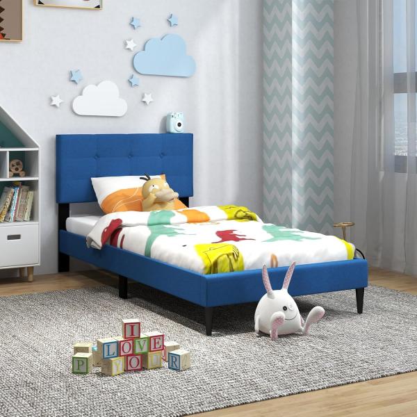 商品名:  NAFORT Twin Bed Frames for Kids, Solid Wood Bed Frame with Upholstered Headboard, Modern Kids Twin Bed for Boys an...