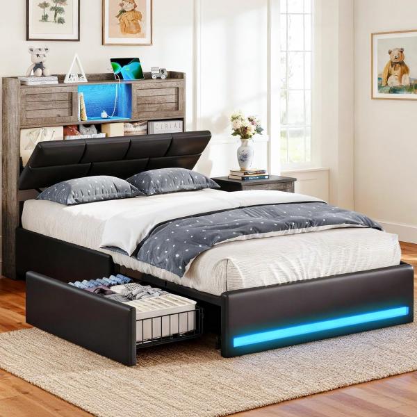 商品名:  VIAGDO Twin Bed Frames with Bookcase Headboard and Sliding Doors, Upholstered LED Bed Frame Twin with 4 Storage Dr...