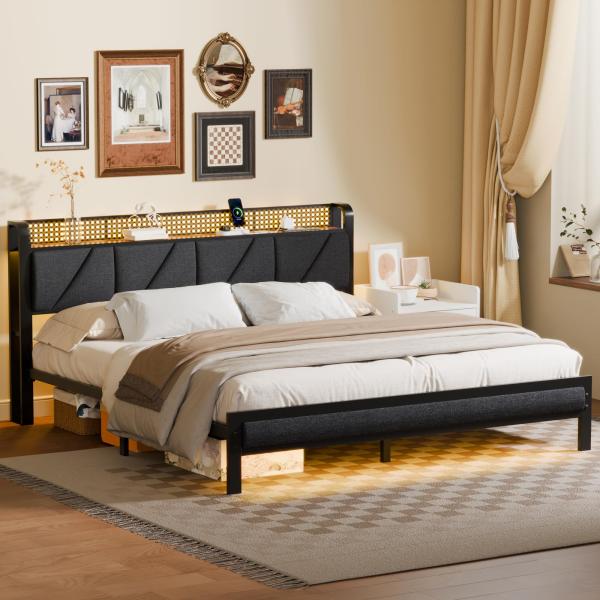 商品名:  Furnulem King Bed Frame with Headboard and LED Light, Upholstered Platform with Power Outlet and USB Port, King Si...