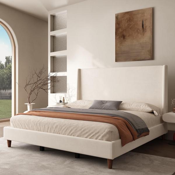 商品名:  Queen Size Upholstered Platform Bed Frame, Boucle Fabric and Wingback Headboard,Wooden Slats, Noise-Free,Walnut Wo...