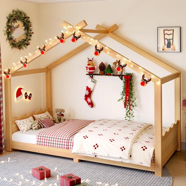 商品名:  Bellemave Twin Size House Floor Bed, Solid Wood Platform Bed Frame w/Support Slats, Headboard &amp; Footboard,Low-...