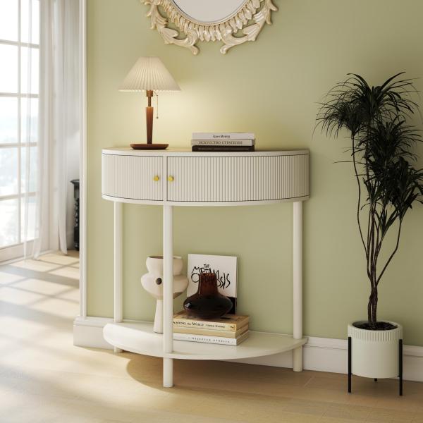 商品名:  KEIKI Half Moon Console Table with Storage Cabinets &amp; Bottom Shelf, 2-Tier Wave-Pattern Entryway Table with Do...