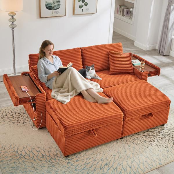 商品名:  68" Cloud Loveseat with Ottoman Set, USB Ports &amp; Storage, Wooden Side Table, Comfy Plush Corduroy Upholstered ...