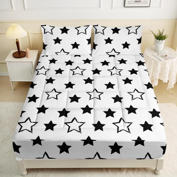 商品名:  Peismely Star Fitted Mattress Protector Full, Star Mattress Pad Cover with 16" Deep Pocket, White Black Stars Bed ...