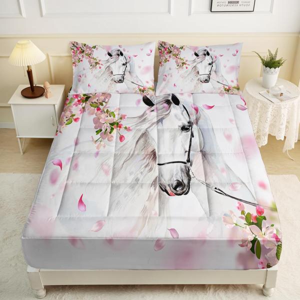 商品名:  Peismely White Horse Fitted Mattress Protector King, 3D Horses and Florals Quilted Fitted Mattress Cover, Rustic F...