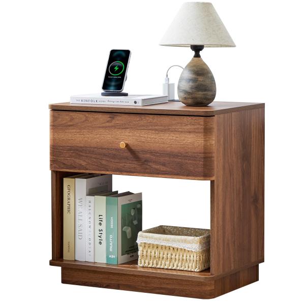 商品名:  Nightstand with Charging Station, 23" Wide End Table with Drawer, Curved Night Stand with Open Storage Cabinet, Mo...