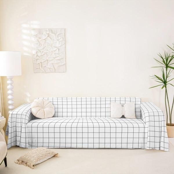 商品名:  Erosebridal Geometric Plaid Couch Cover 91" x 134" White Checkered Sofa Cover Grid Black Line Decor Minimalist Mod...