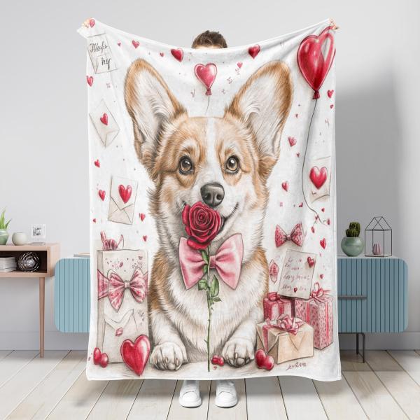 商品名:  Valentine's Day Corgi Dog Throw Blanket 60''x80'', Fun Vintage Puppy Soft Cozy Fuzzy Blanket for Couch Living Bedr...