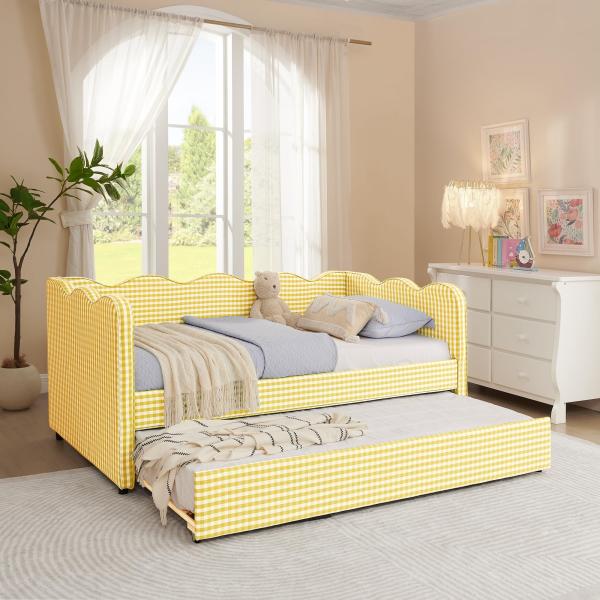 商品名:  Yoglad Twin to King Size Daybed with Trundle, Plaid Linen Upholstered Day Bed Frame with USB Charging Ports, Gingh...