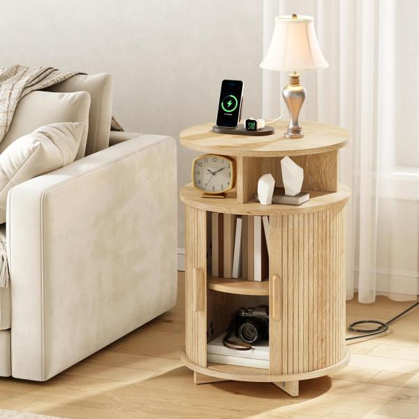 商品名:  RALGEND Round Fluted End Tables, Round End Table with Charging Station, Fluted Sofa Side Table with Sliding Tambou...