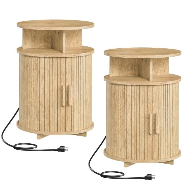 商品名:  RALGEND Round Fluted End Tables Set of 2, Round End Table with Charging Station, Fluted Sofa Side Table with Slidi...
